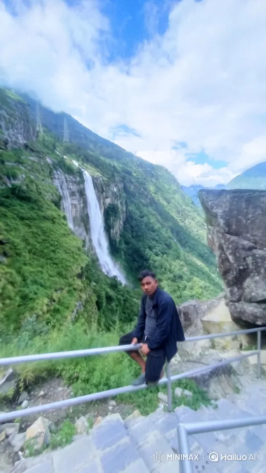 Panoramic Journey from Man to Majestic Waterfall – AI Generated Video ...